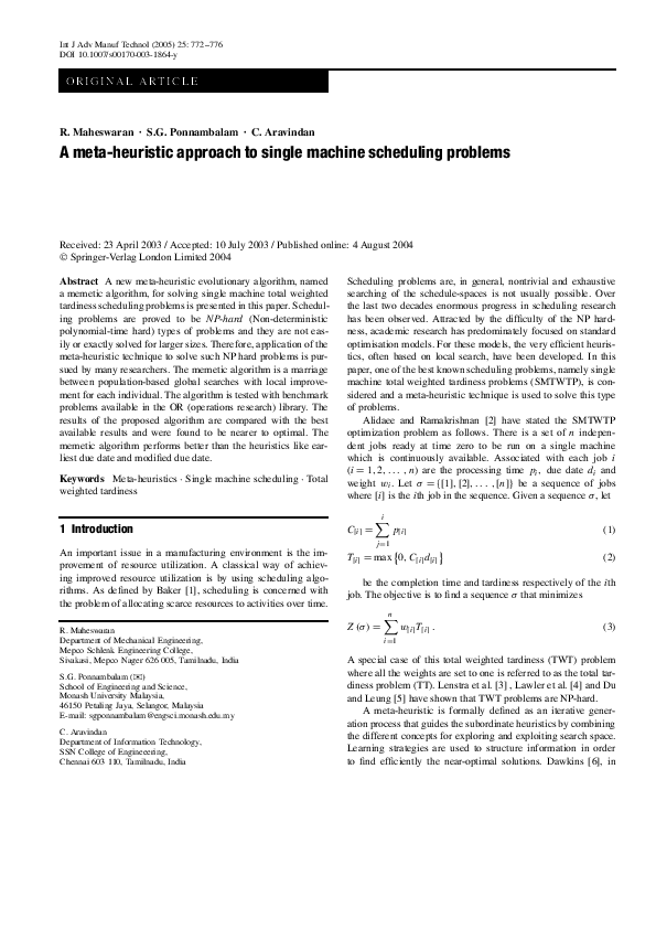 Pdf A Meta Heuristic Approach To Single Machine Scheduling Problems