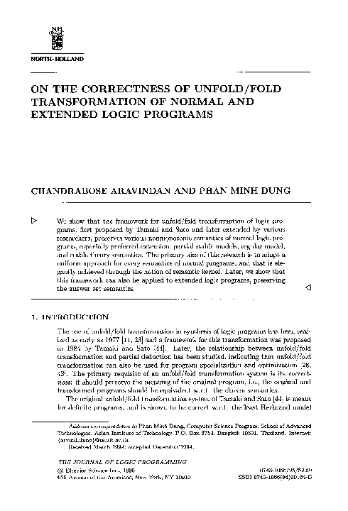 (PDF) On the Correctness of Unfold/Fold Transformation of Normal and Extended Logic Programs