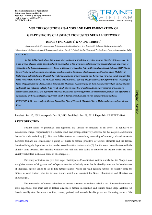 (PDF) MULTIRESOLUTION ANALYSIS AND IMPLEMENTATION OF GRAPE SPECIES CLASSIFICATION USING NEURAL ...