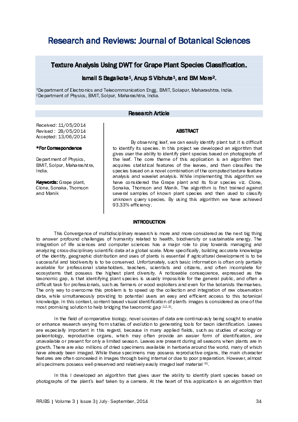 (PDF) Texture Analysis Using DWT for Grape Plant Species Classification