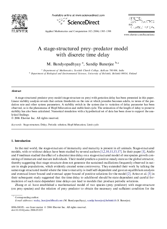 (PDF) A stage-structured prey–predator model with discrete time delay