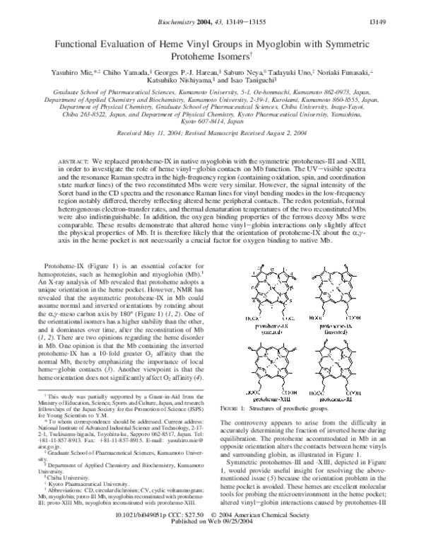 (PDF) Functional Evaluation of Heme Vinyl Groups in Myoglobin with ...