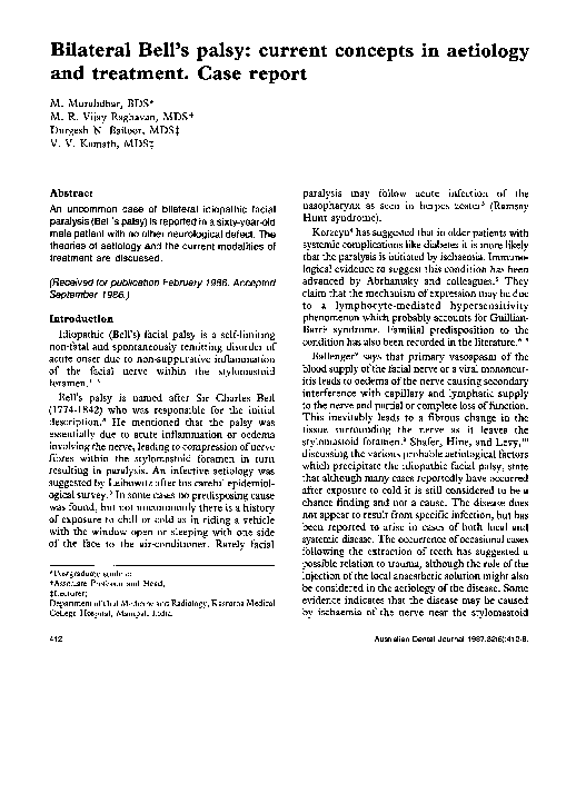 Pdf Bilateral Bells Palsy Current Concepts In Aetiology And