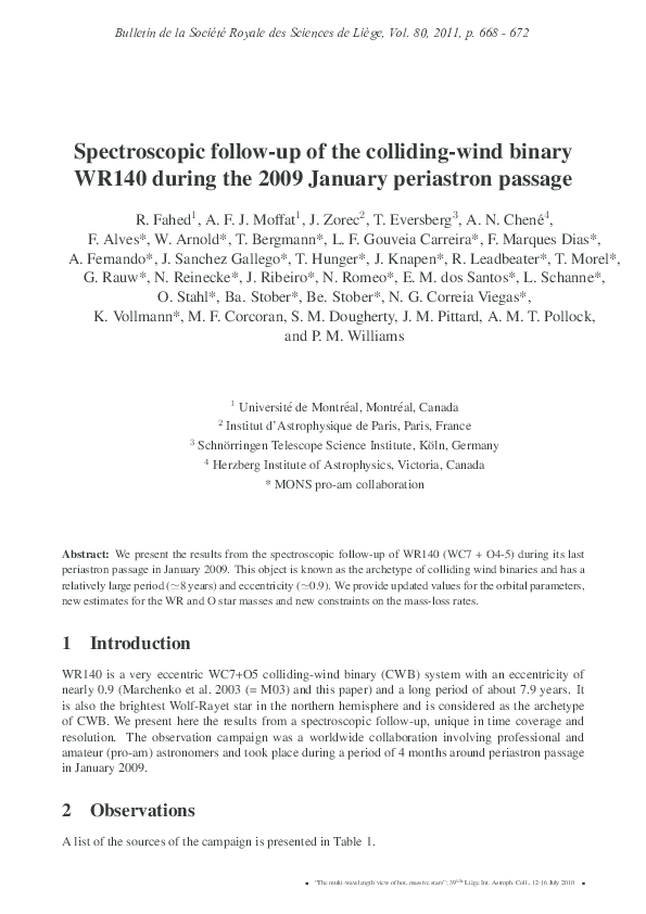(PDF) Spectroscopic follow-up of the colliding-wind binary WR 140 during the 2009 January ...