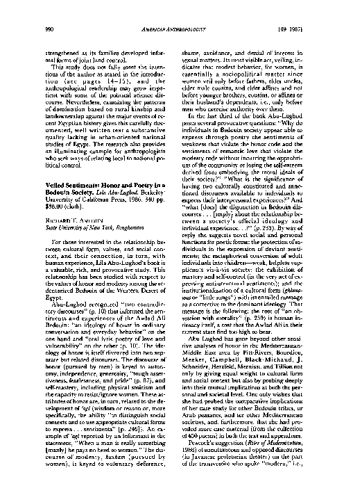 (PDF) Veiled Sentiments: Honor and Poetry in a Bedouin Society . Lila ...