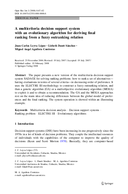Pdf A Multicriteria Decision Support System With An Evolutionary Algorithm For Deriving Final