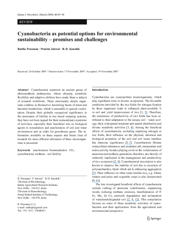 (PDF) Cyanobacteria as potential options for environmental sustainability — promises and challenges