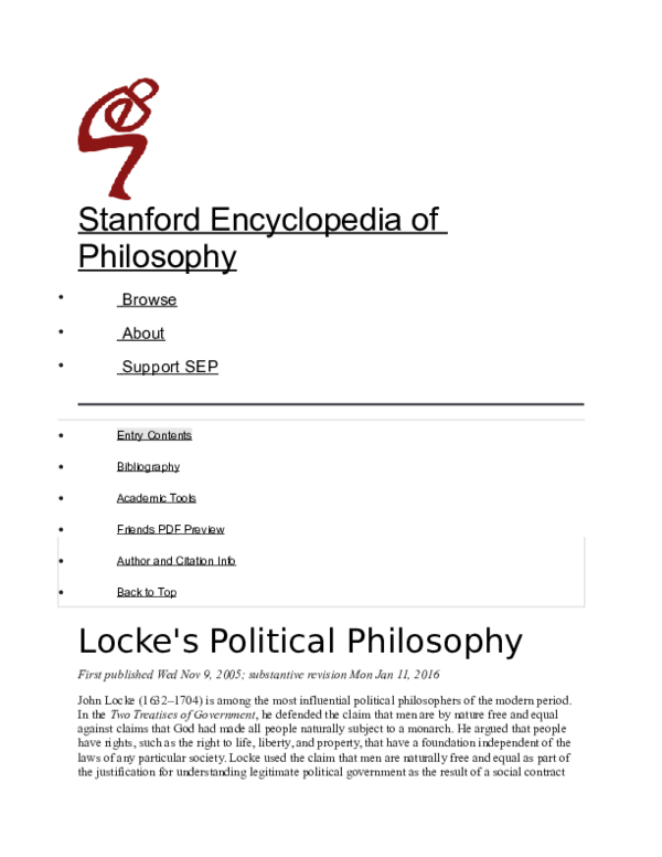 (DOC) Stanford Encyclopedia of Philosophy Locke's Political Philosophy