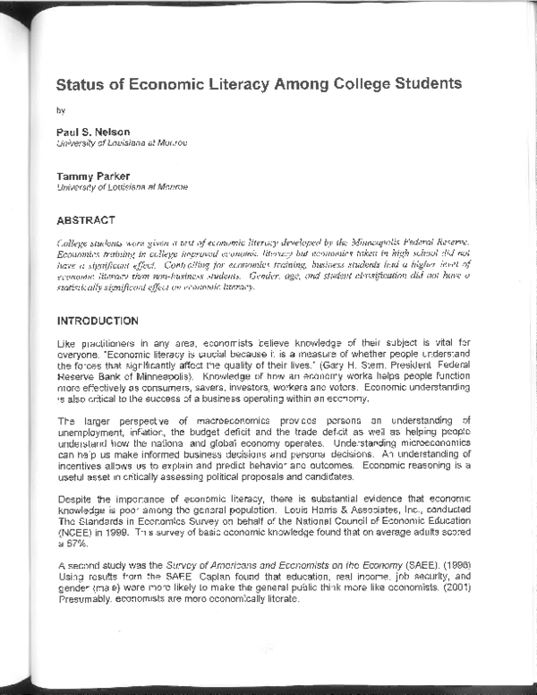 (PDF) Status of Economic Literacy among College Students