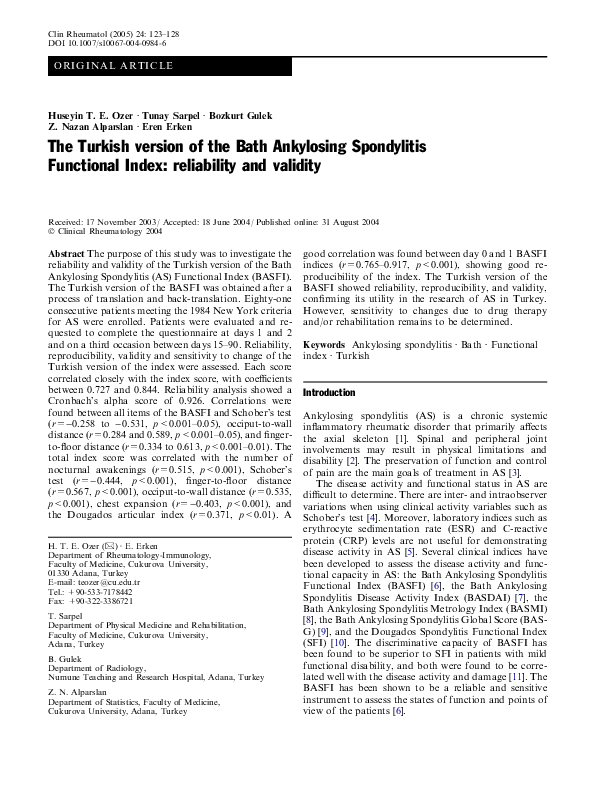 (PDF) The Turkish version of the Bath Ankylosing Spondylitis Functional ...