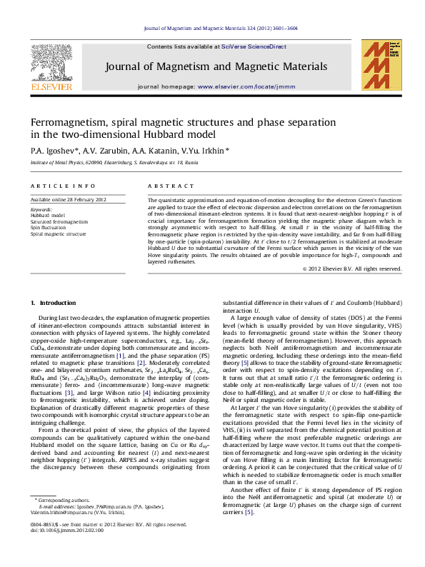 (PDF) Ferromagnetism, spiral magnetic structures and phase separation in the two-dimensional ...
