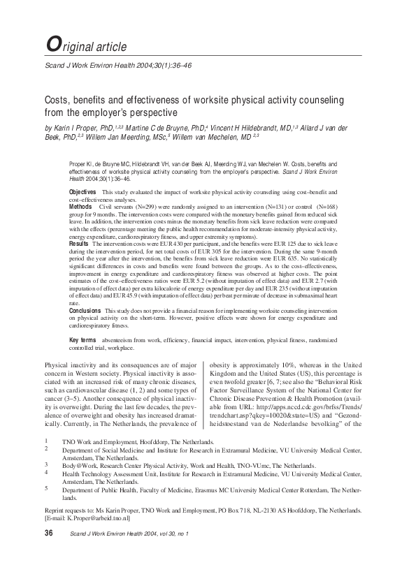 (PDF) Costs, benefits and effectiveness of worksite physical activity ...