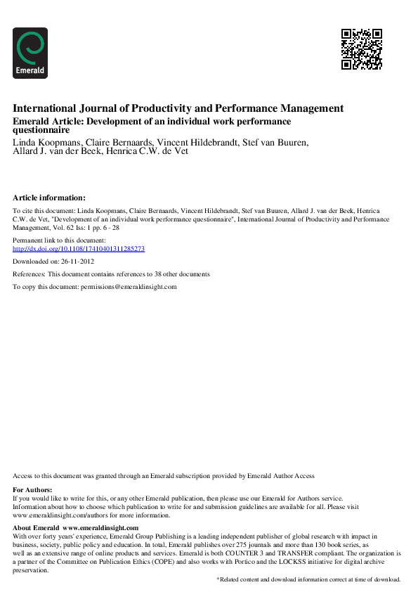 Pdf Development Of An Individual Work Performance Questionnaire