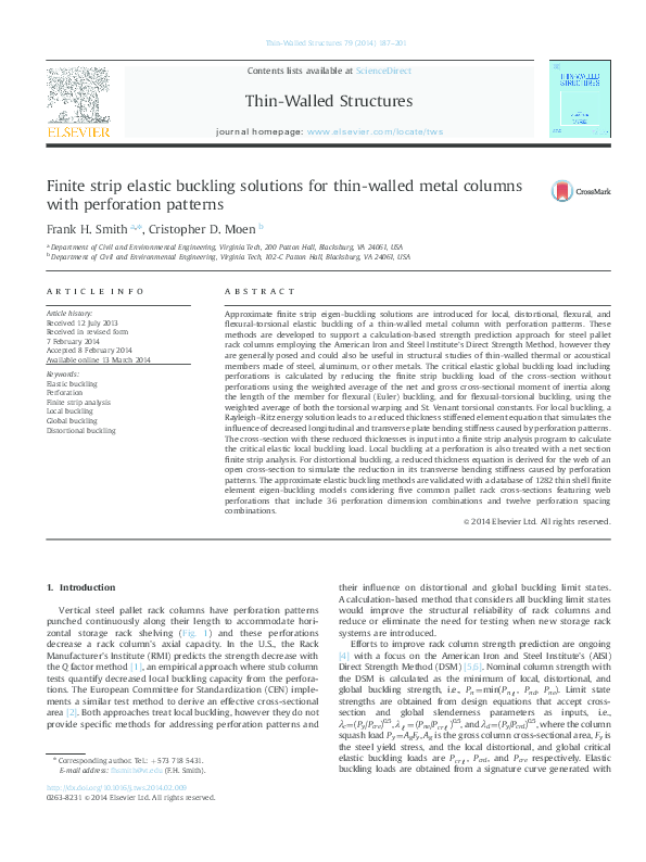 (PDF) Finite strip elastic buckling solutions for thin-walled metal columns with perforation ...