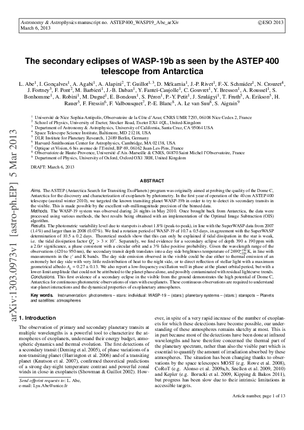 (PDF) The secondary eclipses of WASP-19b as seen by the ASTEP 400 ...