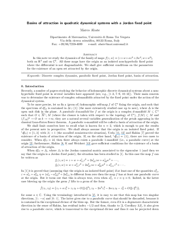 Pdf Basins Of Attraction In Quadratic Dynamical Systems With A Jordan