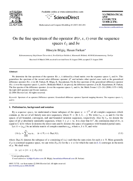 (PDF) On the fine spectrum of the operator B(r,s,t)B(r,s,t) over the sequence spaces ℓ1ℓ1 and bvbv