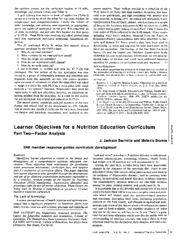 (PDF) Learner objectives for a nutrition education curriculum