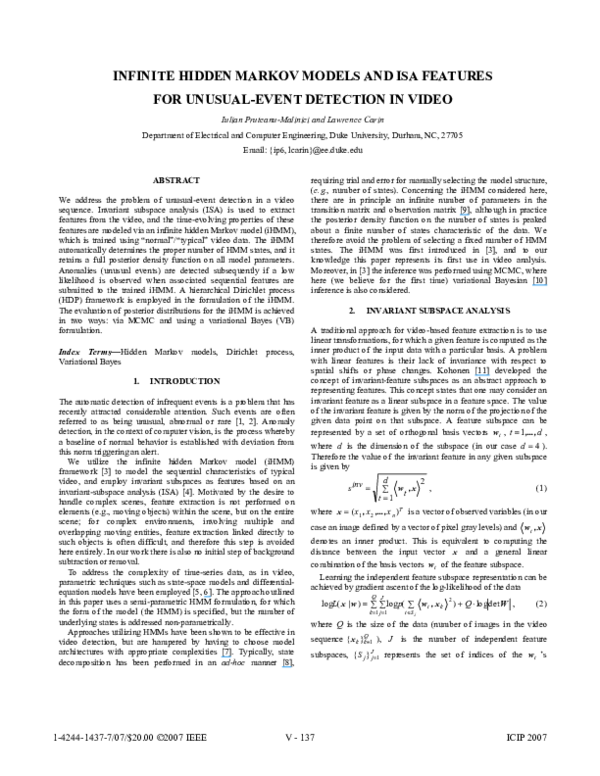 (PDF) Infinite Hidden Markov Models and ISA Features for Unusual-Event Detection in Video