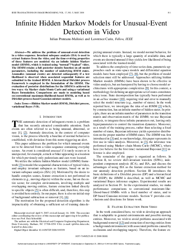 (PDF) Infinite Hidden Markov Models for Unusual-Event Detection in Video