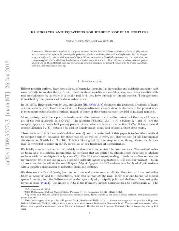 (PDF) K3 surfaces and equations for Hilbert modular surfaces