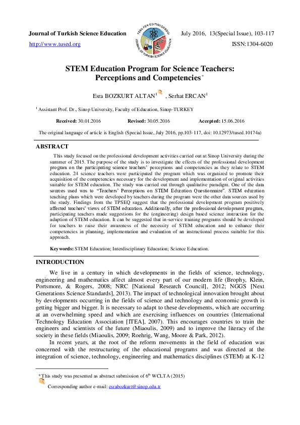 (PDF) STEM Education Program for Science Teachers: Perceptions and ...