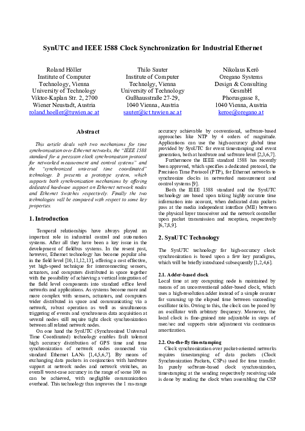 Pdf Synutc And Ieee 1588 Clock Synchronization For Industrial Ethernet