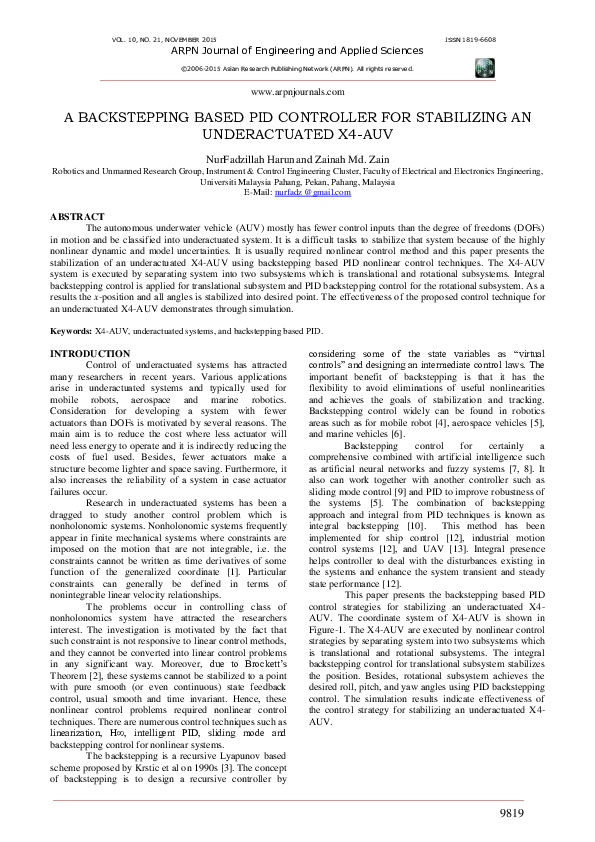 (PDF) A BACKSTEPPING BASED PID CONTROLLER FOR STABILIZING AN UNDERACTUATED X4-AUV