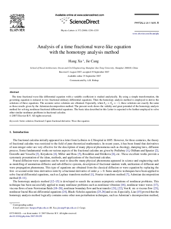 Pdf Analysis Of A Time Fractional Wave Like Equation With The Homotopy Analysis Method