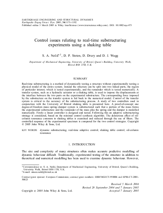 (PDF) Control issues relating to real-time substructuring experiments using a shaking table
