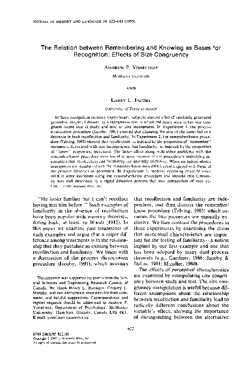 Pdf The Relation Between Remembering And Knowing As Bases For