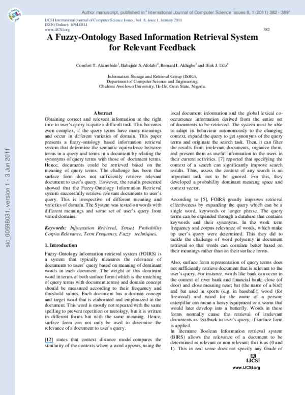 Pdf A Fuzzy Ontology Based Information Retrieval System For Relevant Feedback