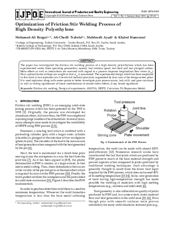 Pdf Optimization Of Friction Stir Welding Process Parameter Using