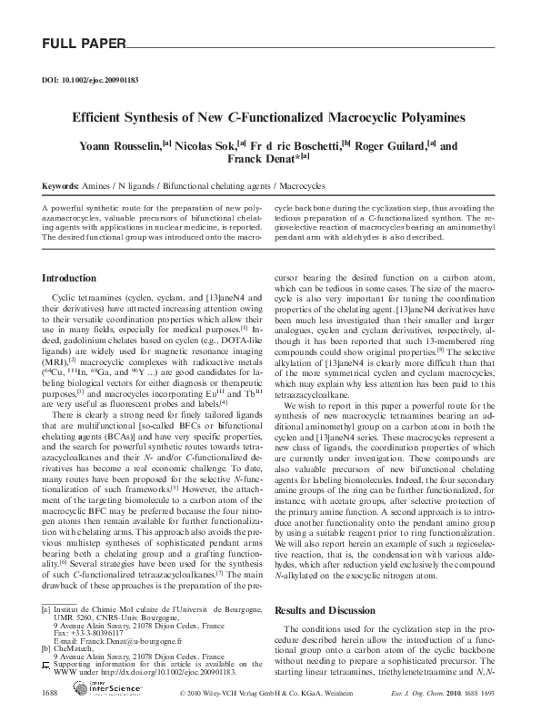(PDF) Efficient Synthesis of New C -Functionalized Macrocyclic Polyamines