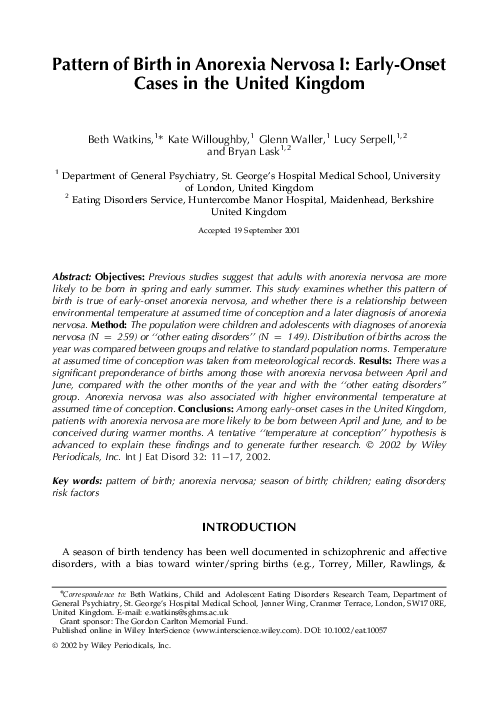 (PDF) Pattern of birth in anorexia nervosa I: early-onset cases in the ...