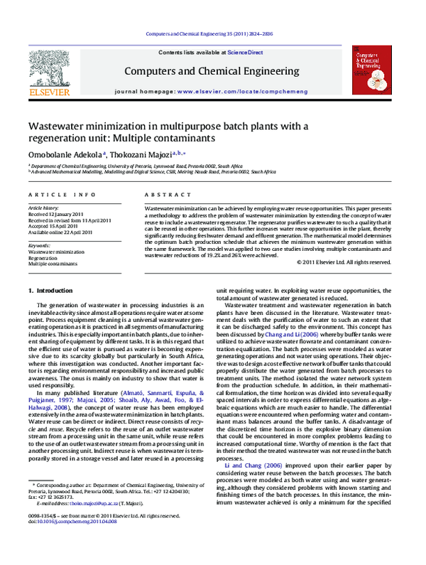 (PDF) Wastewater minimization in multipurpose batch plants with a regeneration unit: Multiple ...