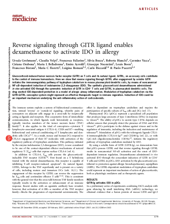 (PDF) Reverse signaling through GITR ligand enables dexamethasone to ...