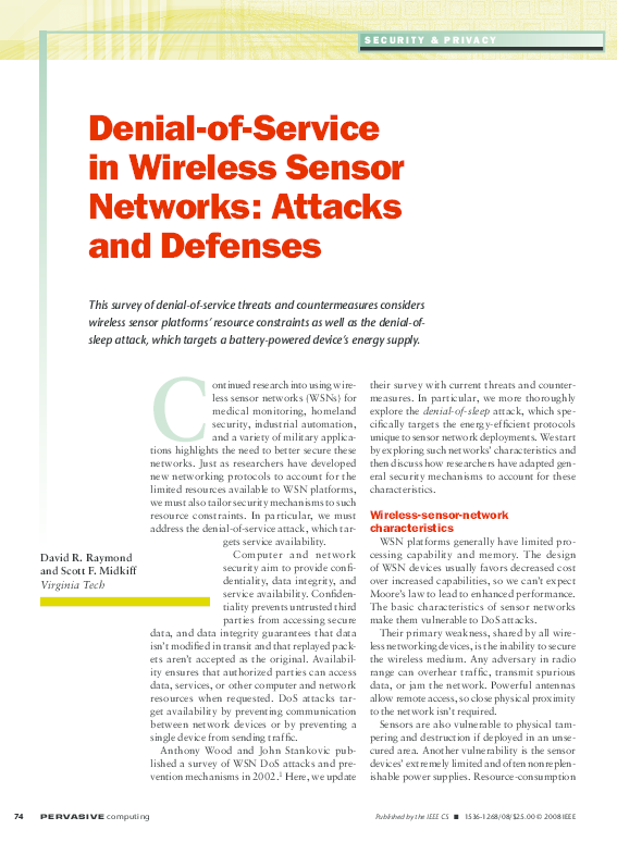 Pdf Denial Of Service In Wireless Sensor Networks Attacks And Defenses