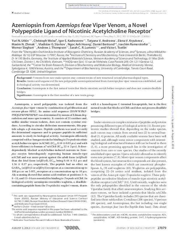 (PDF) Azemiopsin from Azemiops feae Viper Venom, a Novel Polypeptide ...