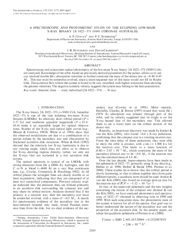(PDF) A Spectroscopic and Photometric Study of the Eclipsing Low-mass X-Ray Binary 2A 1822−371 ...