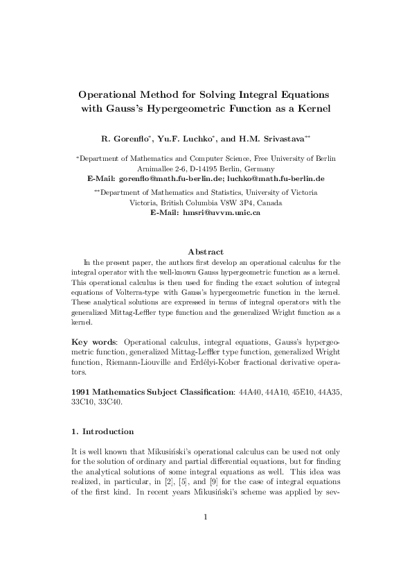 Pdf Operational Method For Solving Integral Equations With Gausss Hypergeometric Function As