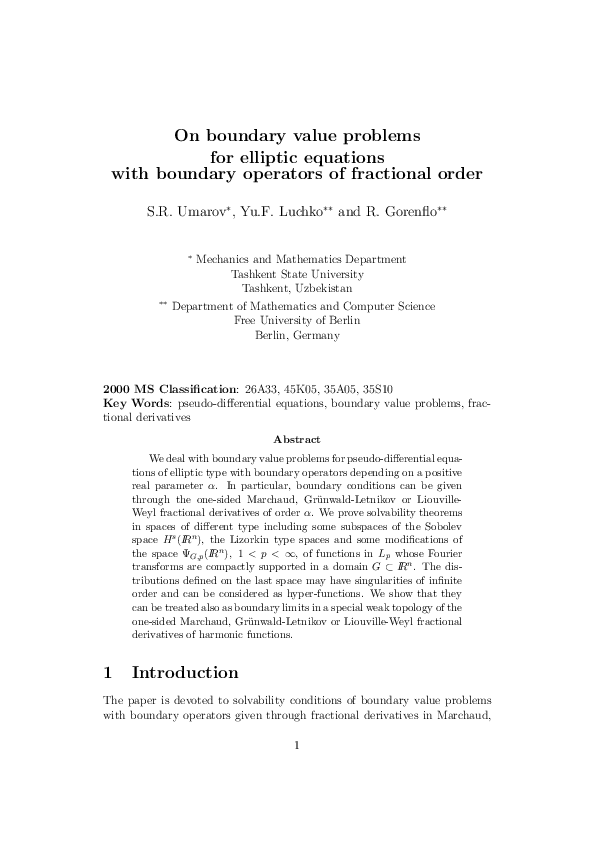 Pdf On Boundary Value Problems For Elliptic Equations With Boundary Operators Of Fractional Order 