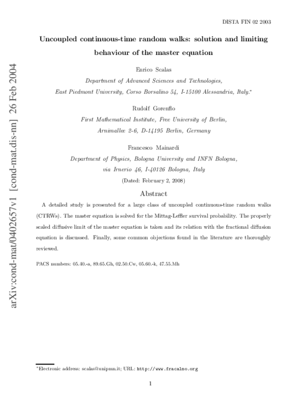 Pdf Uncoupled Continuous Time Random Walks Solution And Limiting