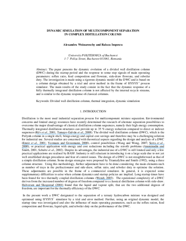 Pdf Dynamic Simulation Of Multicomponent Separation In Complex Distillation Colums