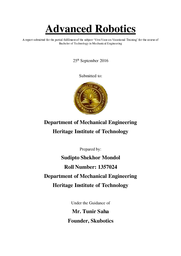 (PDF) Advanced Robotics Training Report