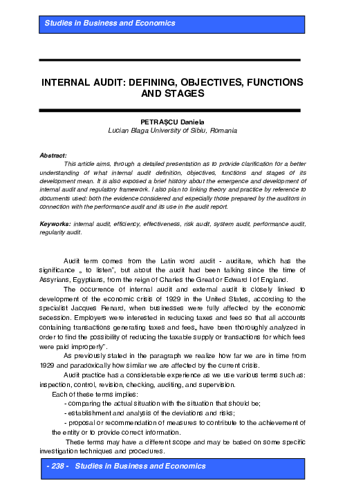 (PDF) INTERNAL AUDIT: DEFINING, OBJECTIVES, FUNCTIONS AND STAGES