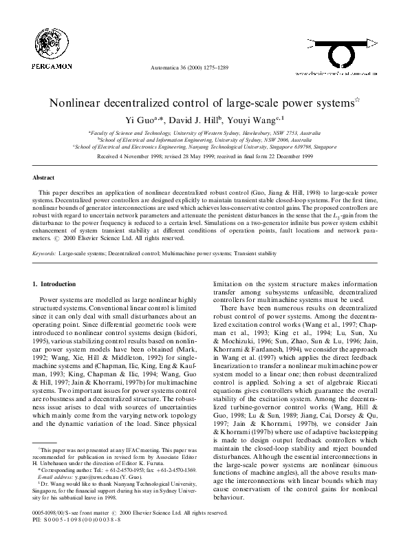 Pdf Nonlinear Decentralized Control Of Large Scale Power Systems David Hill