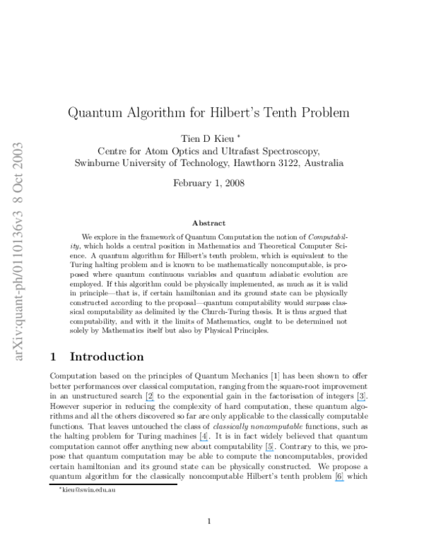 (PDF) Quantum algorithm for the Hilbert''s Tenth Problem