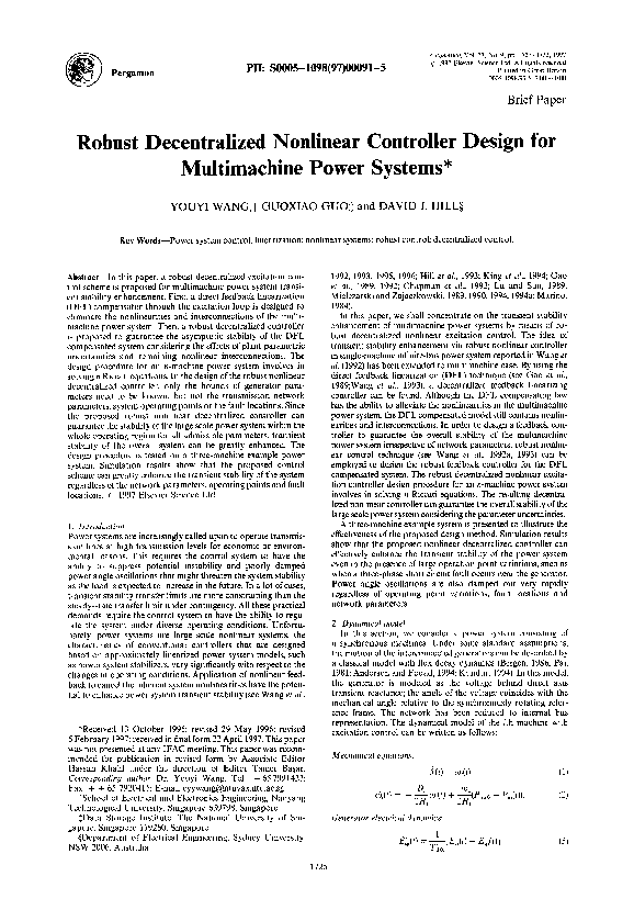 (PDF) Robust decentralized nonlinear controller design for multimachine power systems