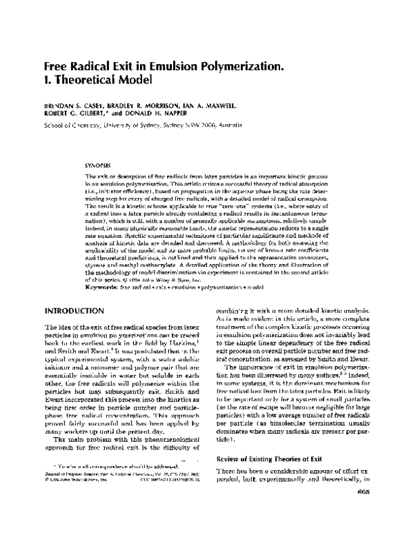 (PDF) Free radical exit in emulsion polymerization. I. Theoretical model
